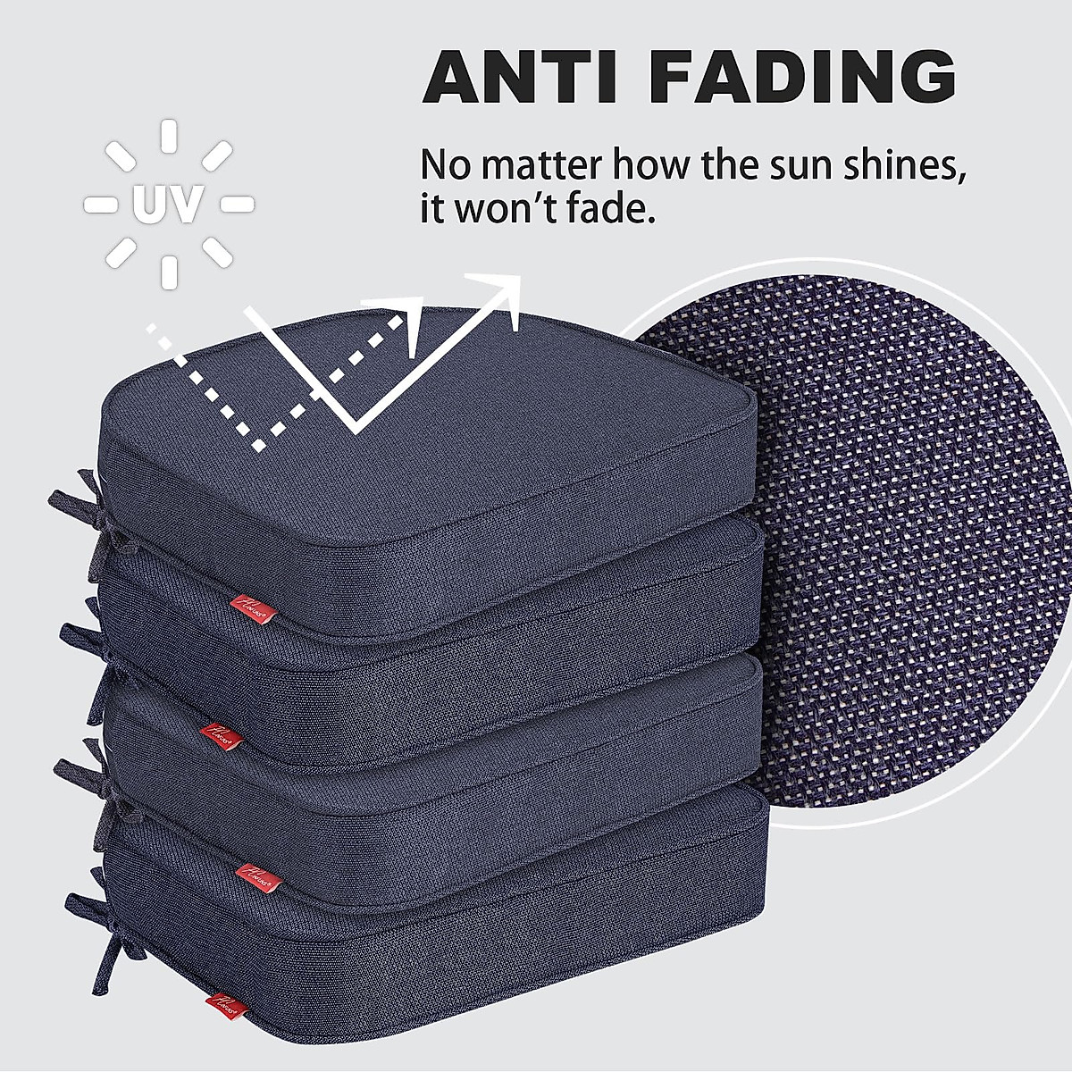 Pcinfuns Indoor/Outdoor Memory Foam Chair Cushions,Thick 19"x19"x3" Chair Cushion for Patio Furniture,Water-Resistant Durable Seat Pads with Ties,Blue Grey,4 Pack