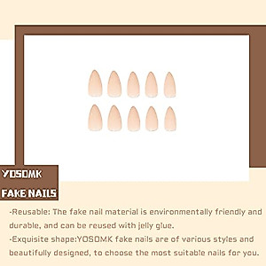 YOSOMK Nude Press on Nails Almond Shaped Fake Nails Medium Glossy Stick on Nails Natural Full Cover False Nails Acrylic Glue on Nails for Women