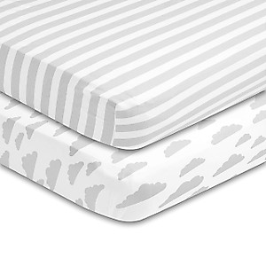 BaeBae Goods Premium Crib Sheets for Baby Boys and Girls, 3 Pack, Soft and Breathable Jersey Cotton Fitted Sheet Set, Grey and White, Cute Gender Neutral Nursery Mattress Bedding, Universal Fit