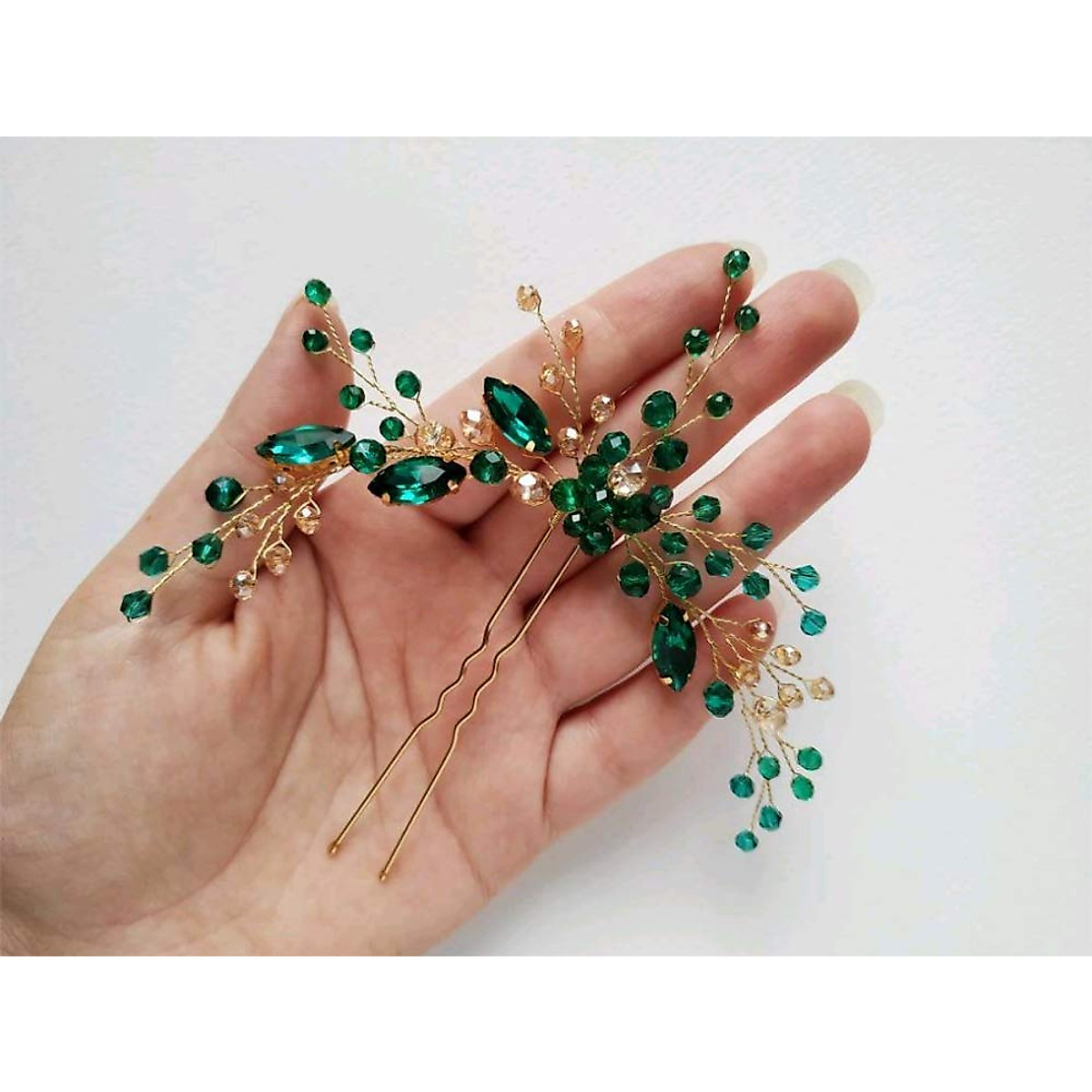 Denifery Bridal Hair Pin Emerald Gold Hair Piece Emerald Hair Clip Gold Green Hairpin Emerald Headpiece Gold Wedding Hair Accessories
