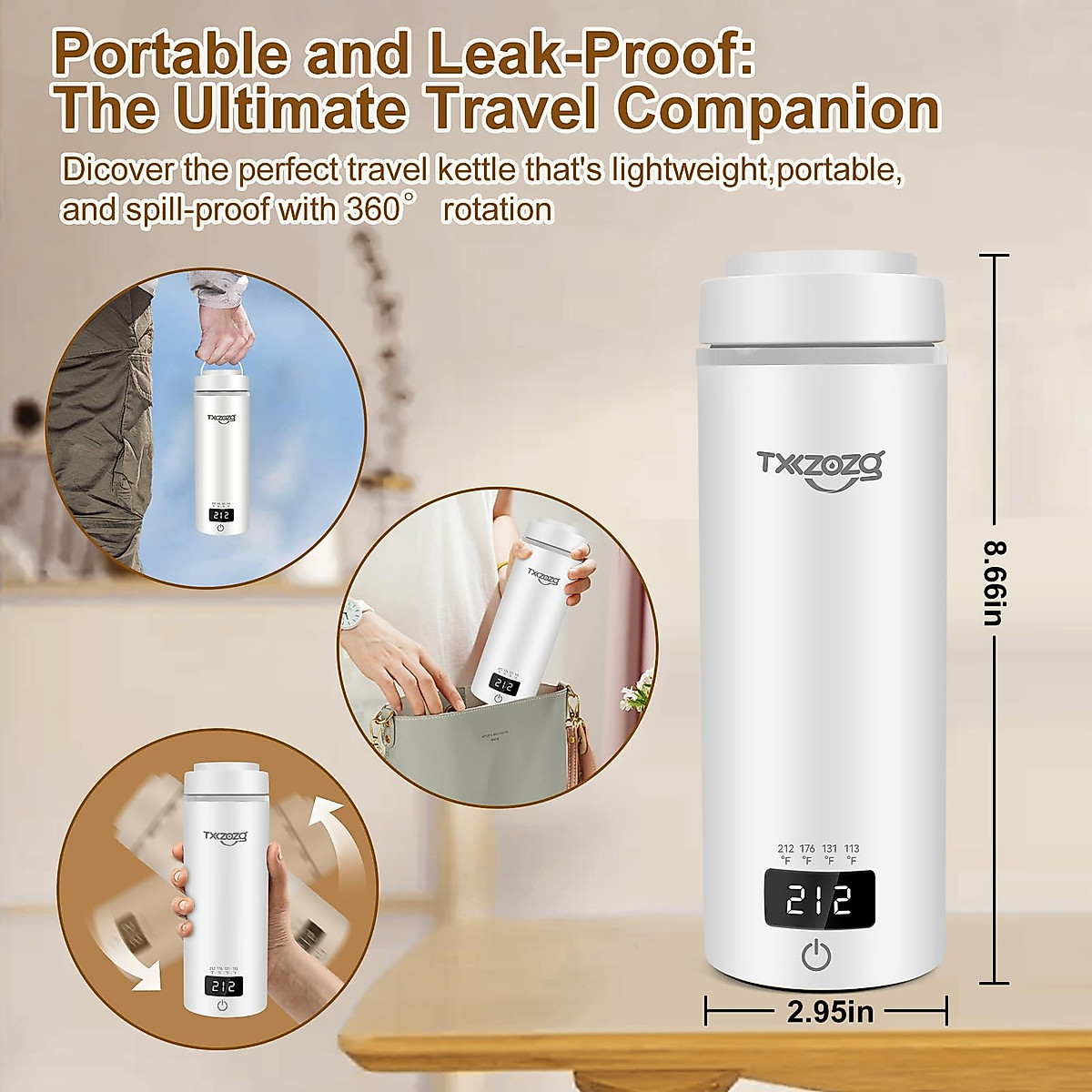 Txxzozg Travel Electric Kettle Mini,Portable Electric Tea kettle Small,316 Stainless Steel Small Hot Water Boiler with 4 Temperature Control,with Auto Shut-Off & Boil Dry Protection（White,500ml）