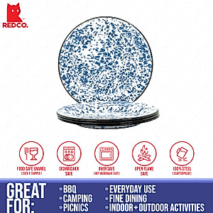 Red Co. Set of 4 Enamelware Metal Classic 10" Round Dinner Plate, Navy Blue Marble/Black Rim - Splatter Design