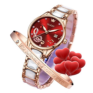 OLEVS Women's Watch Bracelet Designer Fashion Watch Ceramic Note Rose Gold Luxury 3ATM Date Waterproof Luminous Wine Red Dial Valentine's Day Present Quartz
