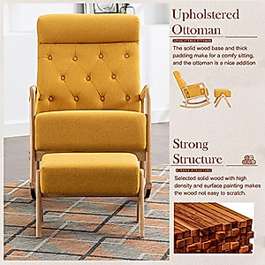 Comfy Rocking Chair with Ottoman, Upholstered Glider Rocker for Baby Nursery, Mid Century Modern Accent Armchair with Side Pocket for Living Room and Bedroom, Yellow Linen