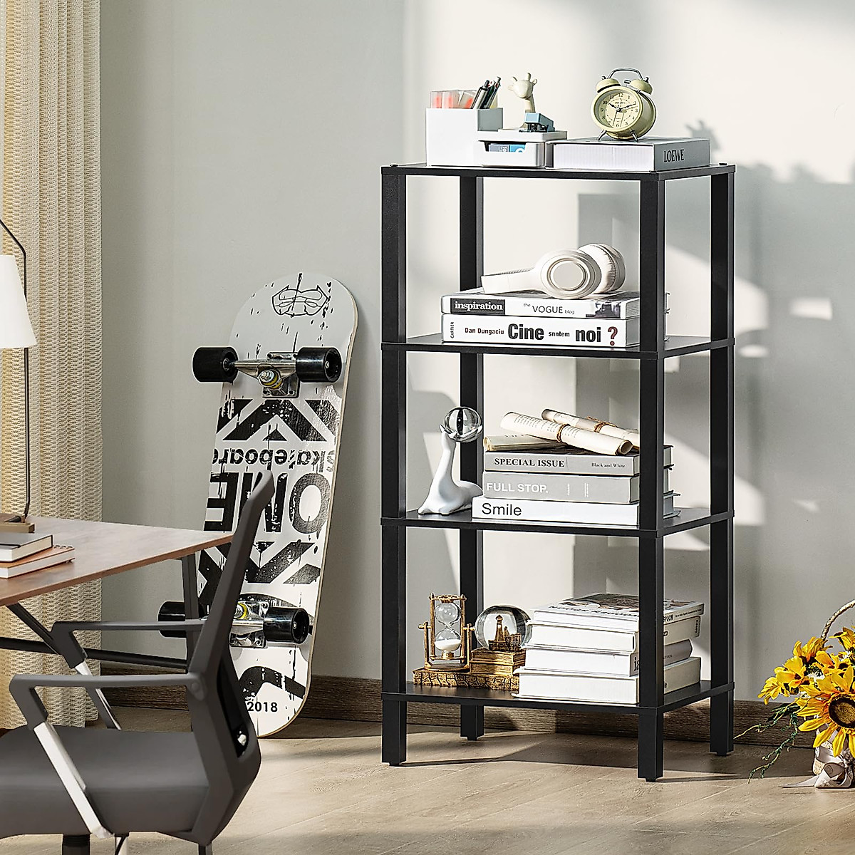 YUFAM 4 Tier Tall Wooden Bookshelf with Storage - Small Bookcase for Small Spaces, Small Shelf for Living Room, Office, Bedroom, Kitchen - Industrial Modern Black Book Shelf