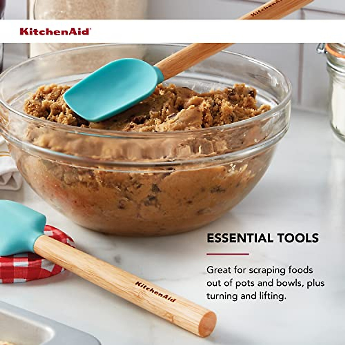 KitchenAid Bamboo Wood Handled Mini Spatula Set with Silicone Head, Set Of 2, Aqua Sky