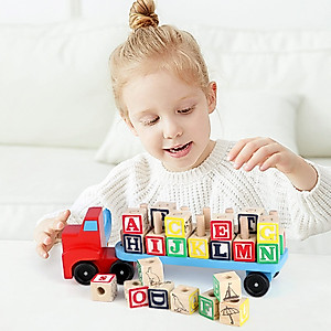 Wooden Alphabet Blocks Truck Wooden Building Blocks Car for Toddlers 28 pcs Stacking Blocks and A Truck Montessori Preschool Learning Toys for Toddlers