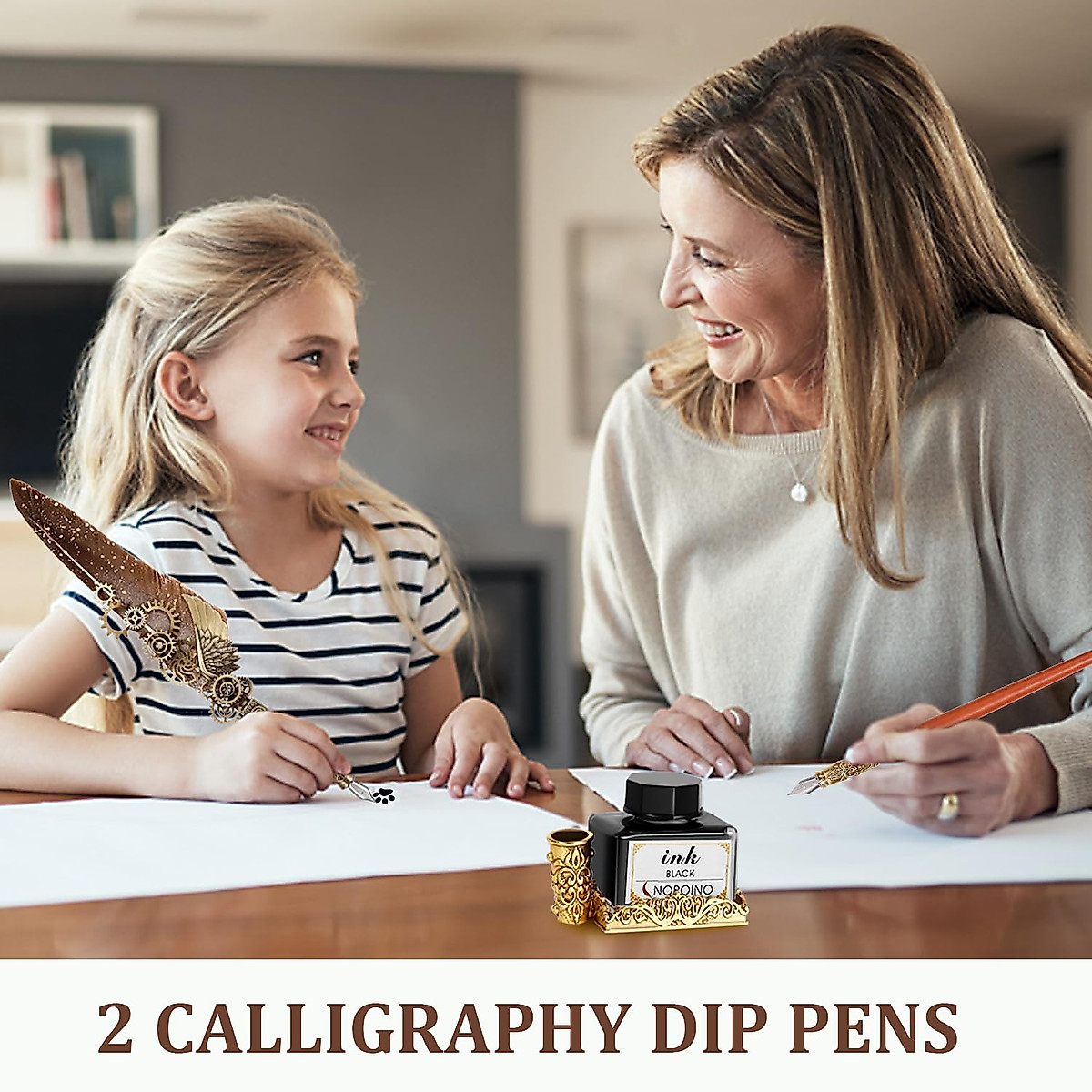 Quill Pen Calligraphy Pen Set - Antique Mechanical Steampunk Style -Mechanical Design Feather Pen with Wooden Dip Pen for Fun Writing Experience. Quill Pen Ink Set is a Basic Calligraphy Kit.(Grey)