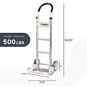 HaulPro Heavy Duty Aluminum Hand Truck - 8" Wheels with Horizontal Loop Handle and 500 lbs Load Capacity | 50.25" High, 17.5" Wide and 17.75" x 9" Diecast Nose Plate