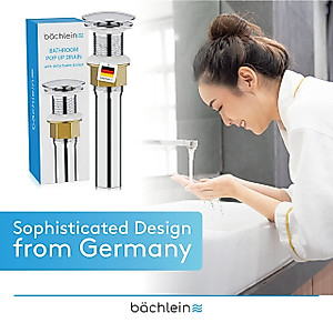 Bächlein Bathroom Sink Drain Without Overflow - Sink Stopper with Pop Up Function - Chrome Pop Up Bathroom Sink Drain incl. 3 Extra Seals and Installation Manual - German Brand