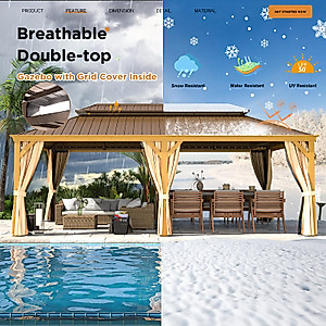 EROMMY 14'x22' Hardtop Gazebo, Galvanized Steel Double Roof with Wood Grain Aluminum Frame, Outdoor Gazebo with Curtains and Nettings for Patio, Backyard and Deck