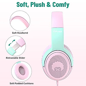 rockpapa Share 1 Kids Headphones Wired with Microphone & Share Port, 85dB/94dB Volume Limited, Cute Foldable Student Child Boys Girls Headphones for School/Classroom/Travel Pink/Green