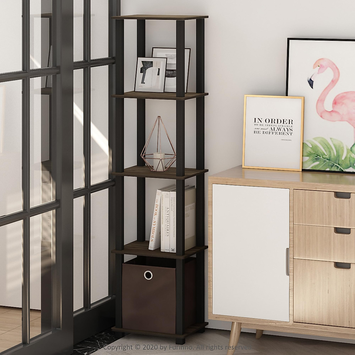 FURINNO TNT No Tools 5-Tier Display Decorative Shelf, Columbia Walnut/Black/Dark Brown