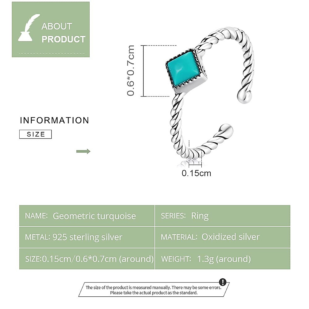 Qings Turquoise Ring Adjustable Open - Sterling Silver Stackable Statement Ring Blue Square Gemstone Twisted Rope Ring Vintage Boho Women Fashion Ring Western Wedding Jewelry Gifts