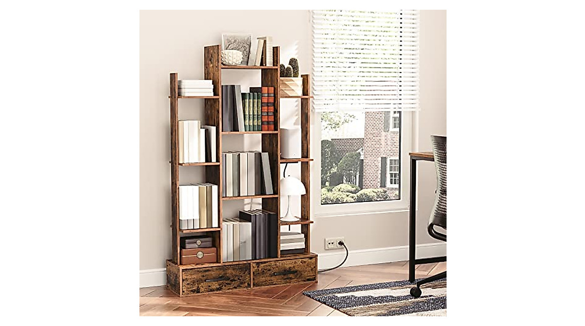 HOOBRO Wooden Bookshelf with Charging Station & Storage - Rustic Design