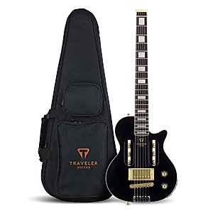 Traveler Guitar EG-1 Custom Gloss Black Electric Guitar | Small Electric Guitar with Headphone Amp | Full 24 3/4" Scale Travel Guitar | Portable Mini Guitar | Headless Guitar with Custom Gig Bag