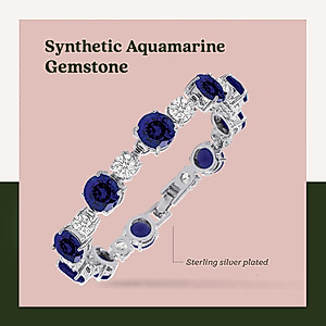 KEZEF Silver Plated Brass CZ Tennis Bracelet - Round 8mm Simulated Blue Sapphire & Round 5mm White CZ-7 Inch