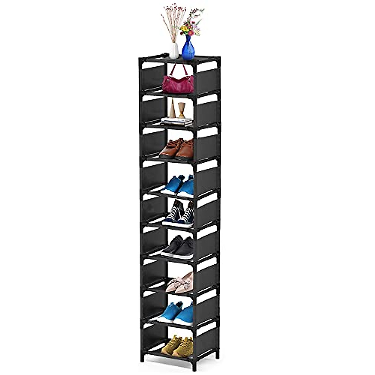 barsone 10 Tiers Shoe Rack, Vertical Narrow Shoe Rack, 10 Pairs Tall Shoe Rack Organizer for Small Space, Free Standing Shoe Shelf for Closet Entryway Hallway