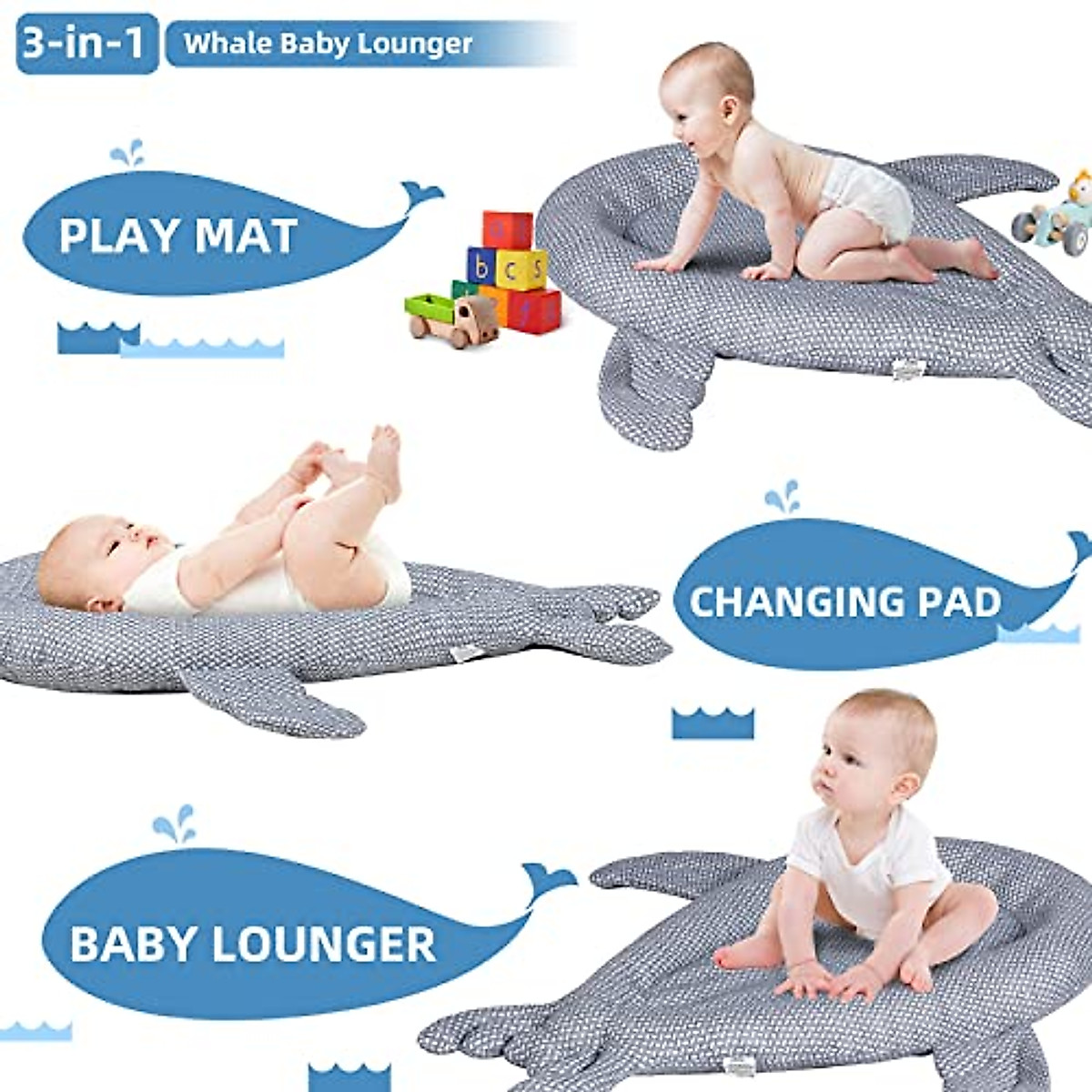 Hiseeme Baby Play Mats for Floor,Baby Lounger for Cover,100% Cotton Premium Breathable Whales Mat,Sleeping Bed Cover for Newborn,Machine Washable, Polyester,（Grey）