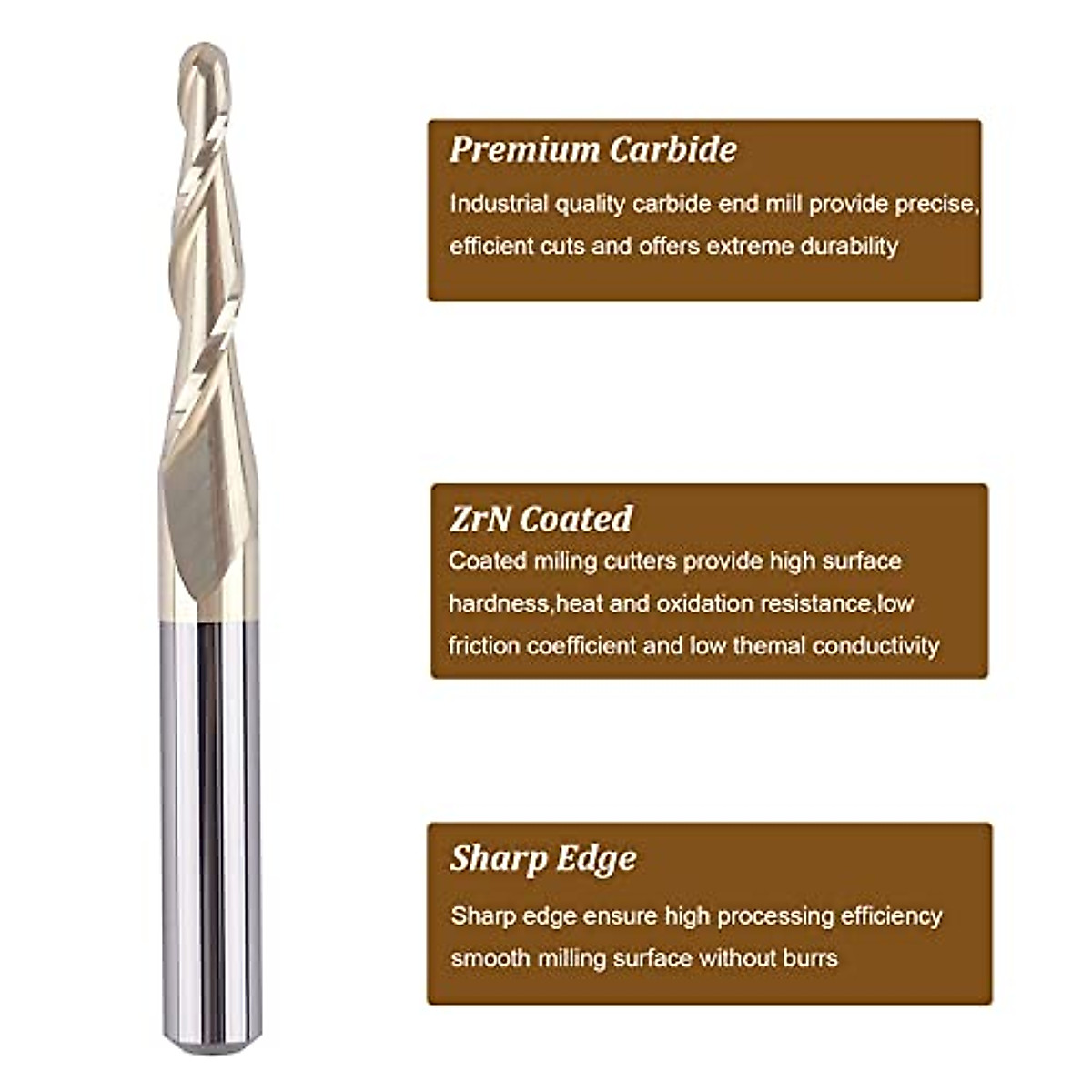SpeTool Tapered Ball Nose End Mill 1/4" Shank with 1/16" Cutting Radius (1/8" Diameter) for 3D Carving Engraving Router Bit, ZrN Coated