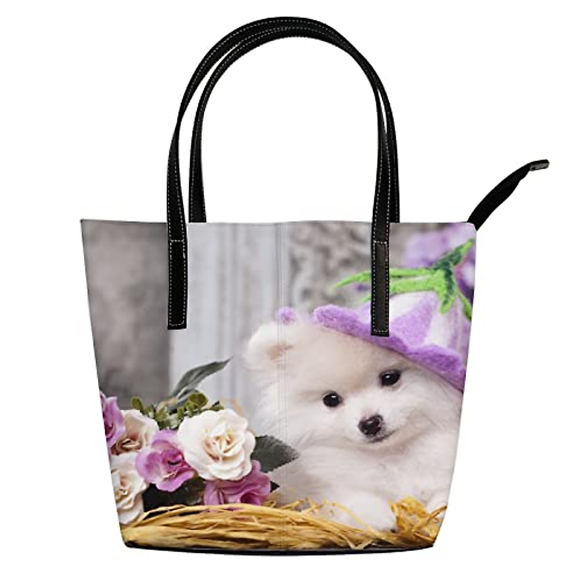 Shoulder Bag Tote Bags for Women Pomeranian Puppy Leather Shopper Work Handbags Large Casual Bag