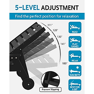 Serique Chaise Lounge Chair Outdoor with Wheels, Oversize Patio Lounge Chair with Wood Texture, 5-Position Plastic Lounge Chair for Poolside, Patio, Deck, Beach(Black)