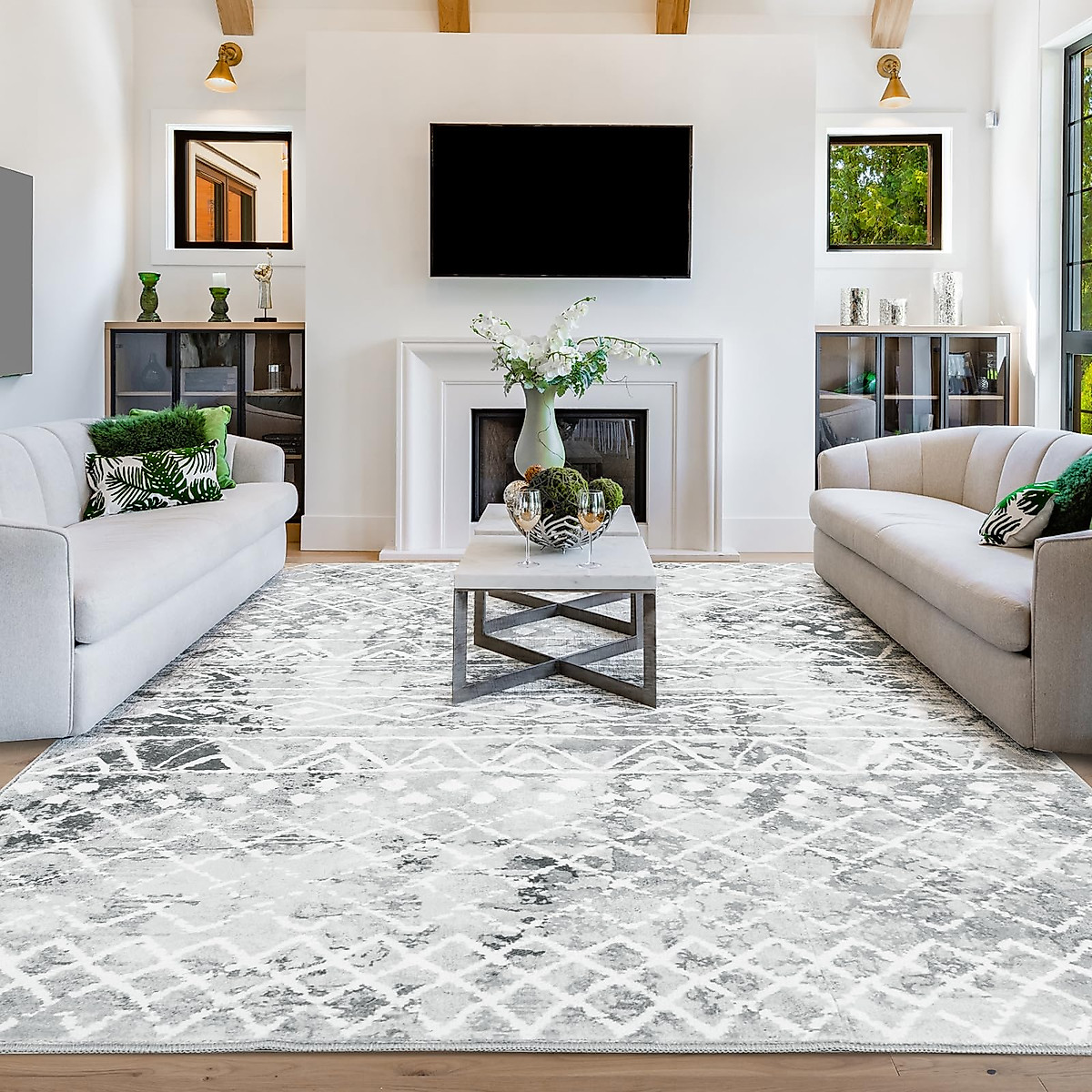 8x10 Washable Large Area Rug for Living Room Non Slip Boho Moroccan Bedroom Rug Indoor Farmhouse Geometric Floor Mat Soft Low Pile Woven Carpet for Classroom Office Under Dining Table(Gray)