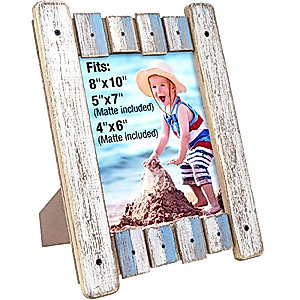 EXCELLO GLOBAL PRODUCTS Rustic Distressed Wooden 8 by 10 in Picture Frame, Blue & White