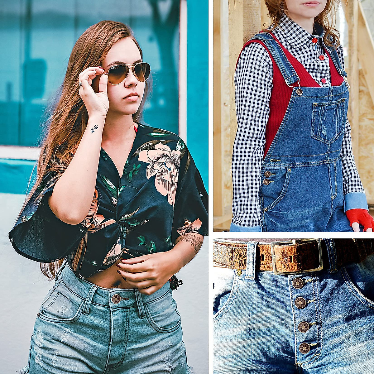 12 Sets Adjustable Buttons for Jeans, 20mm No Sew Instant Metal Buttons, Removable Jean Buttons Replacement Repair Kit with Threads Rivets and Screwdriver