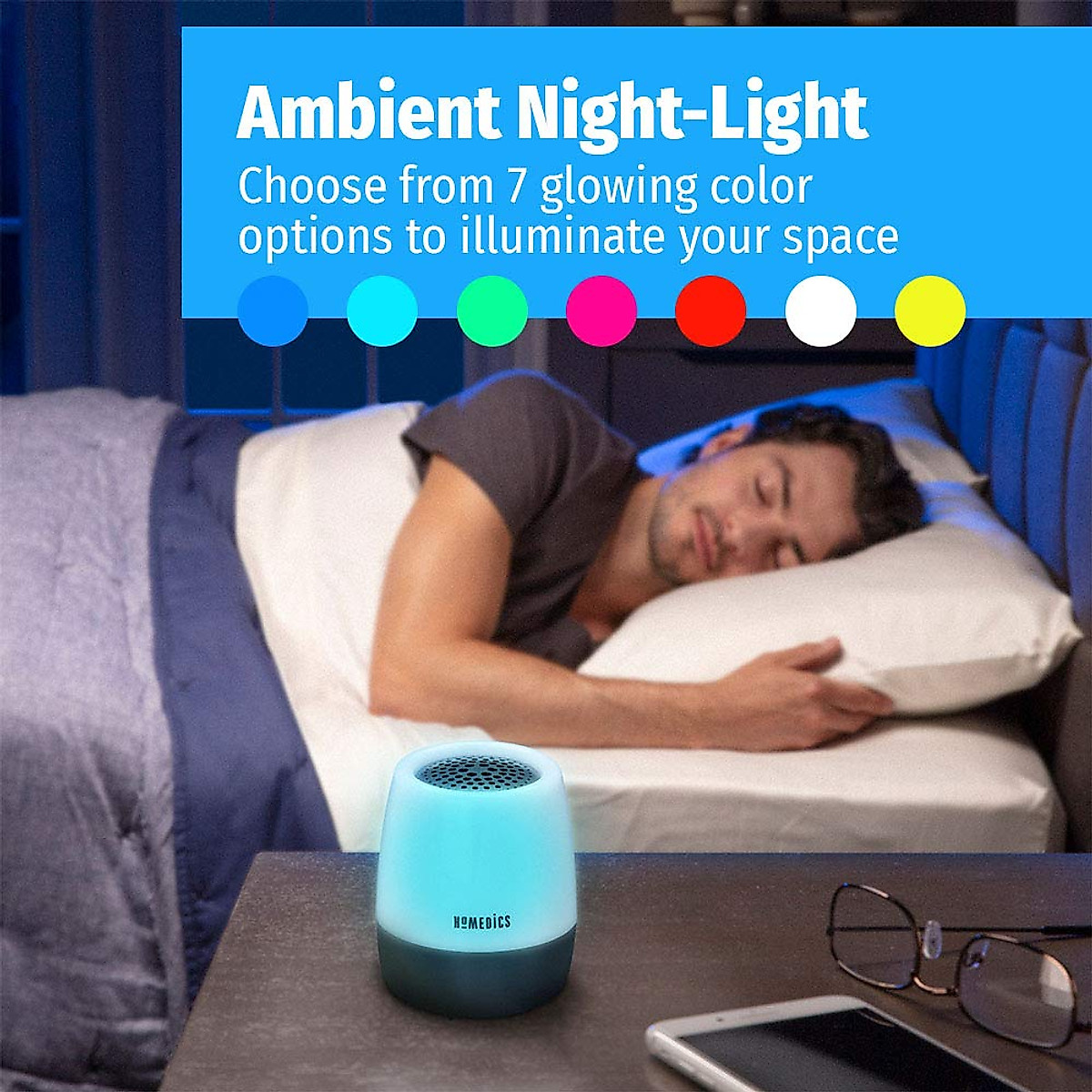 Homedics Traveler SoundSleep White Noise Sound Machine, Small Sound Machine with 6 Relaxing Sounds and Color Changing Night-Light, Portable Sound Therapy for Home, Office, Nursery, Auto-Off Timer