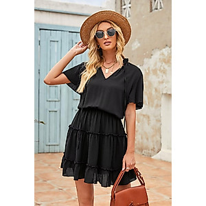 Dokotoo Womens Cute Spring Summer Casual Sexy Deep V Neck Ruffle Chiffon Lantern Short Sleeve Elegant Empire Waist Flowy Mini Short Skirt Dresses for Women Party 2025 Black US 8 10