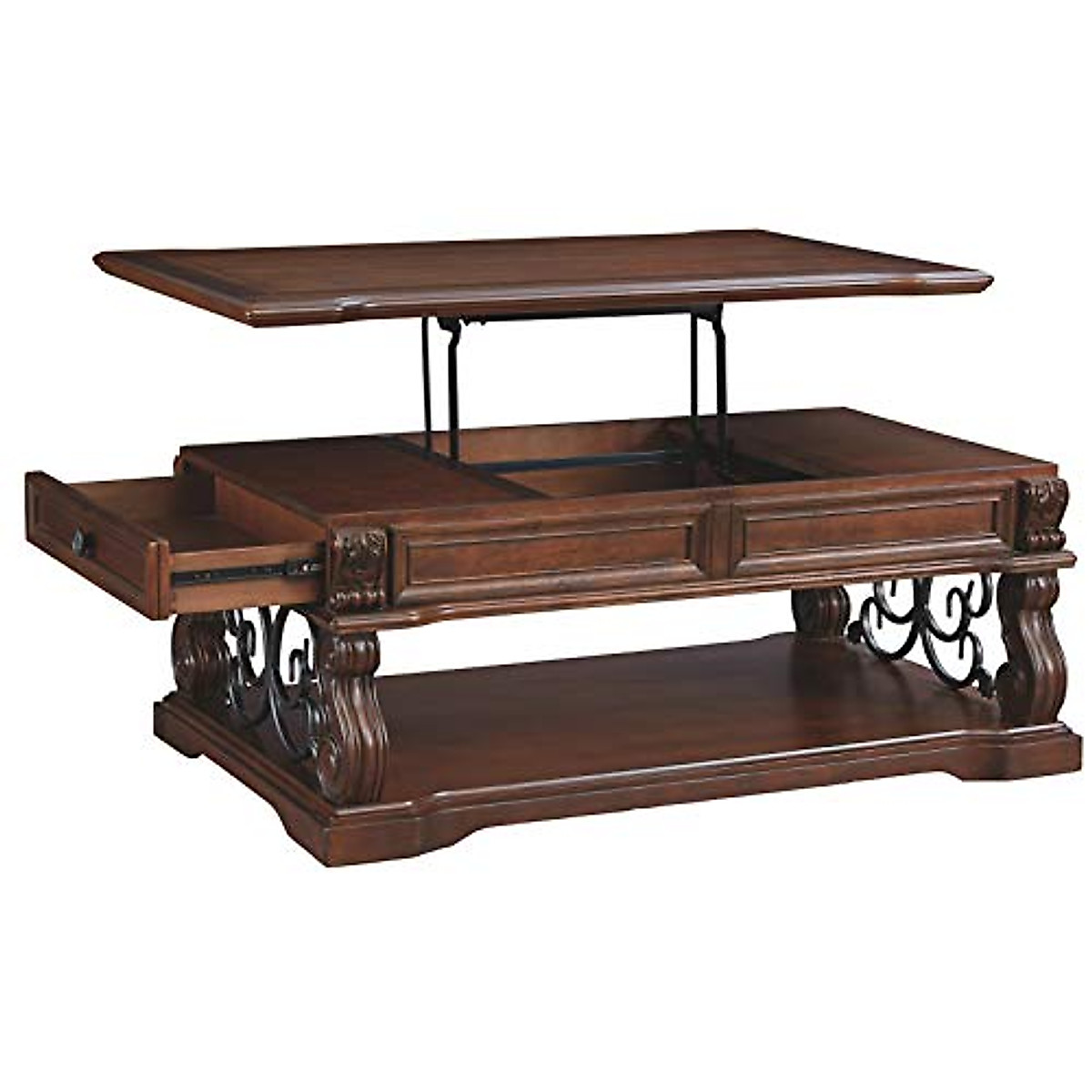 Signature Design by Ashley Alymere Traditional Lift Top Coffee Table, Hand-Finished with 2 Storage Drawers and Fixed Floor Shelf, Dark Brown