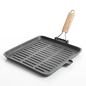 Gibson Home General Store Addlestone Preseasoned Grill Pan, with Foldable Wood Handle, Cast Iron, 11-inches Square, 124974.01, Black