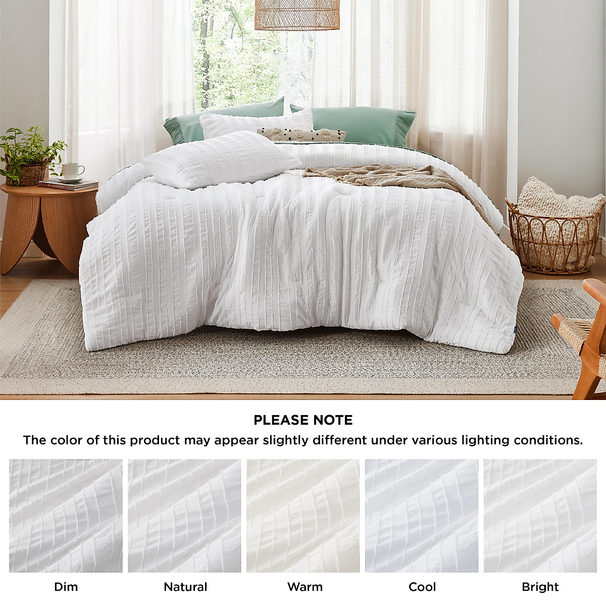 Bedsure Boho Comforter Set Queen - Bright White Tufted Bed Set, 3 Pieces Farmhouse Shabby Chic Embroidery Bedding, Striped Pattern Comforter for All Seasons