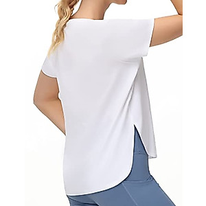 THE GYM PEOPLE Women's Workout T-Shirts Loose Fit Short Sleeve Cotton Running Basic Tee Tops with Split Hem White