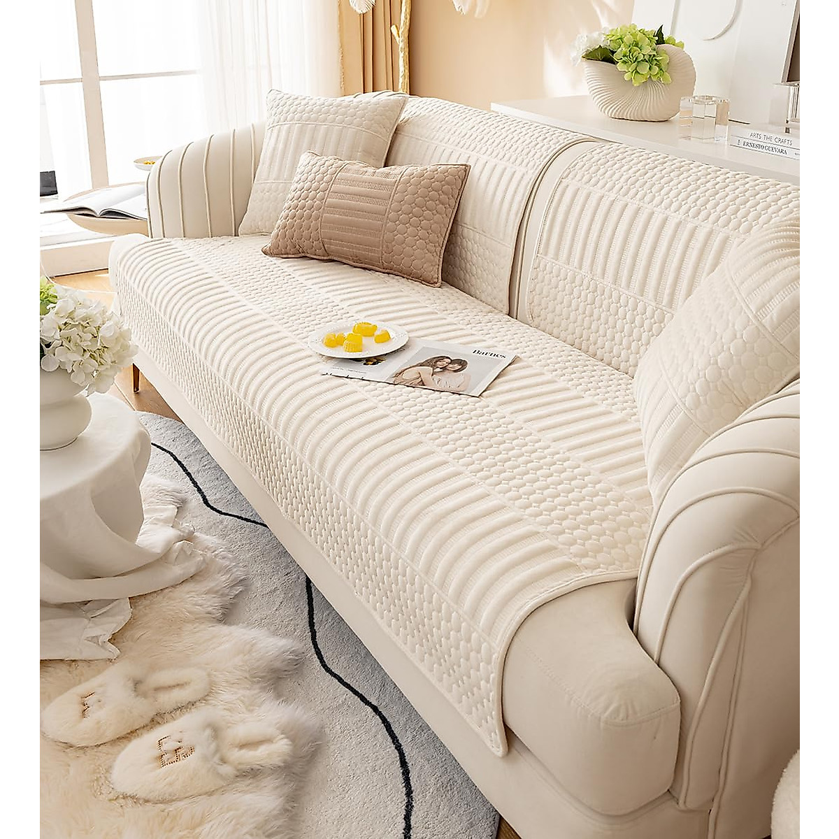 Huierxun Solid Color Quilted Plush Sofa Cover Sofa Slipcover Non-Slip Sectional Couch Covers Anti Cat Scratch Armrest Backrest Recliner Cover (Beige,28''x28'')