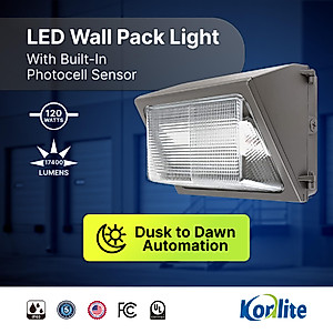 Konlite - 120W Commercial LED Wall Pack Light with Photocell, IP65 Rated, ETL Listed Wall Light Fixtures, Wall Lights for Outdoor Lighting, 17,400LM, 5000K Daylight, Dusk to Dawn, Dimmable 0-10V