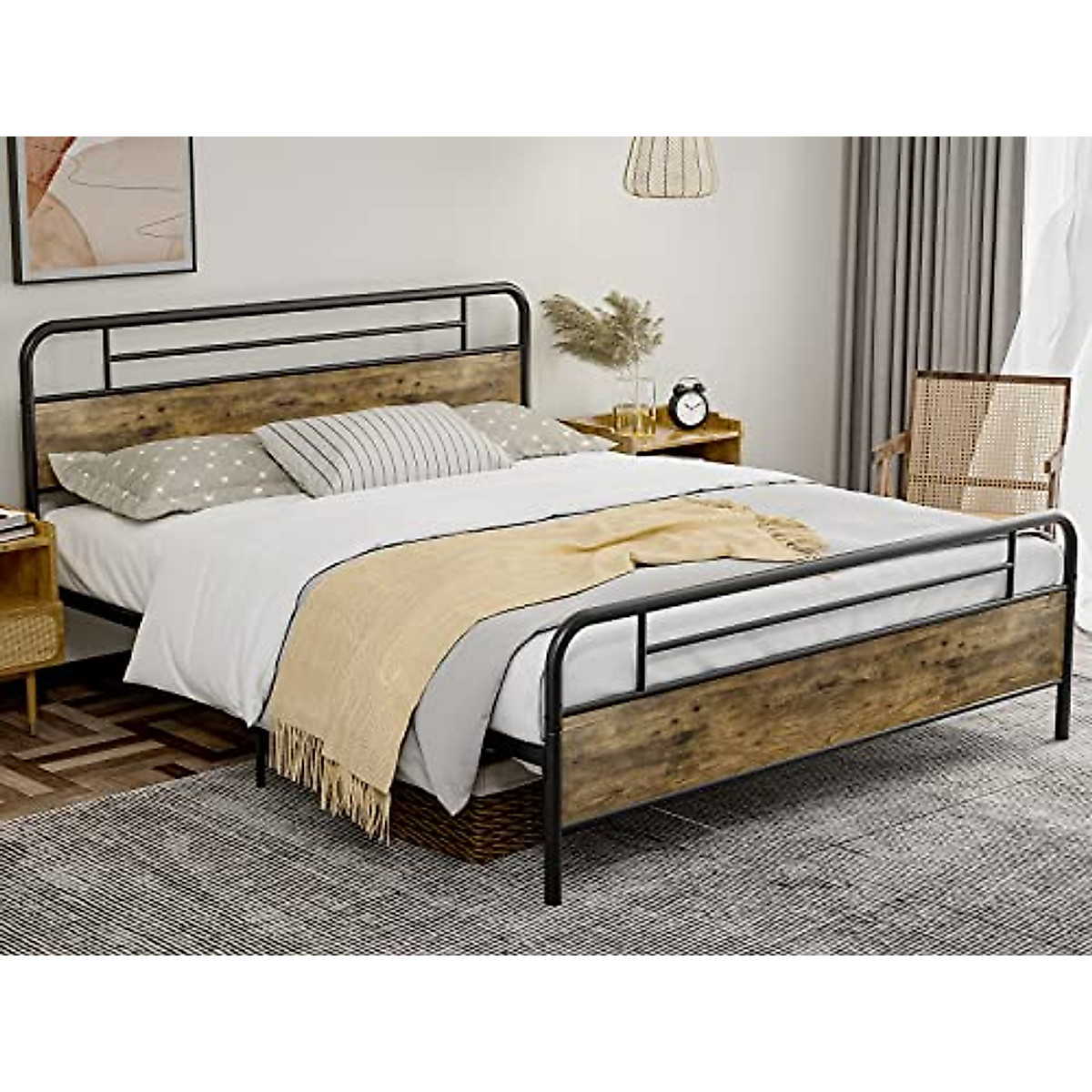 IKIFLY King Size Metal Platform Bed Frame with Wood Headboard Footboard, Heavy Duty Steel Slats, 12" Under Bed Storage, Mattress Foundation, No Box Spring Needed - King/Rustic Brown