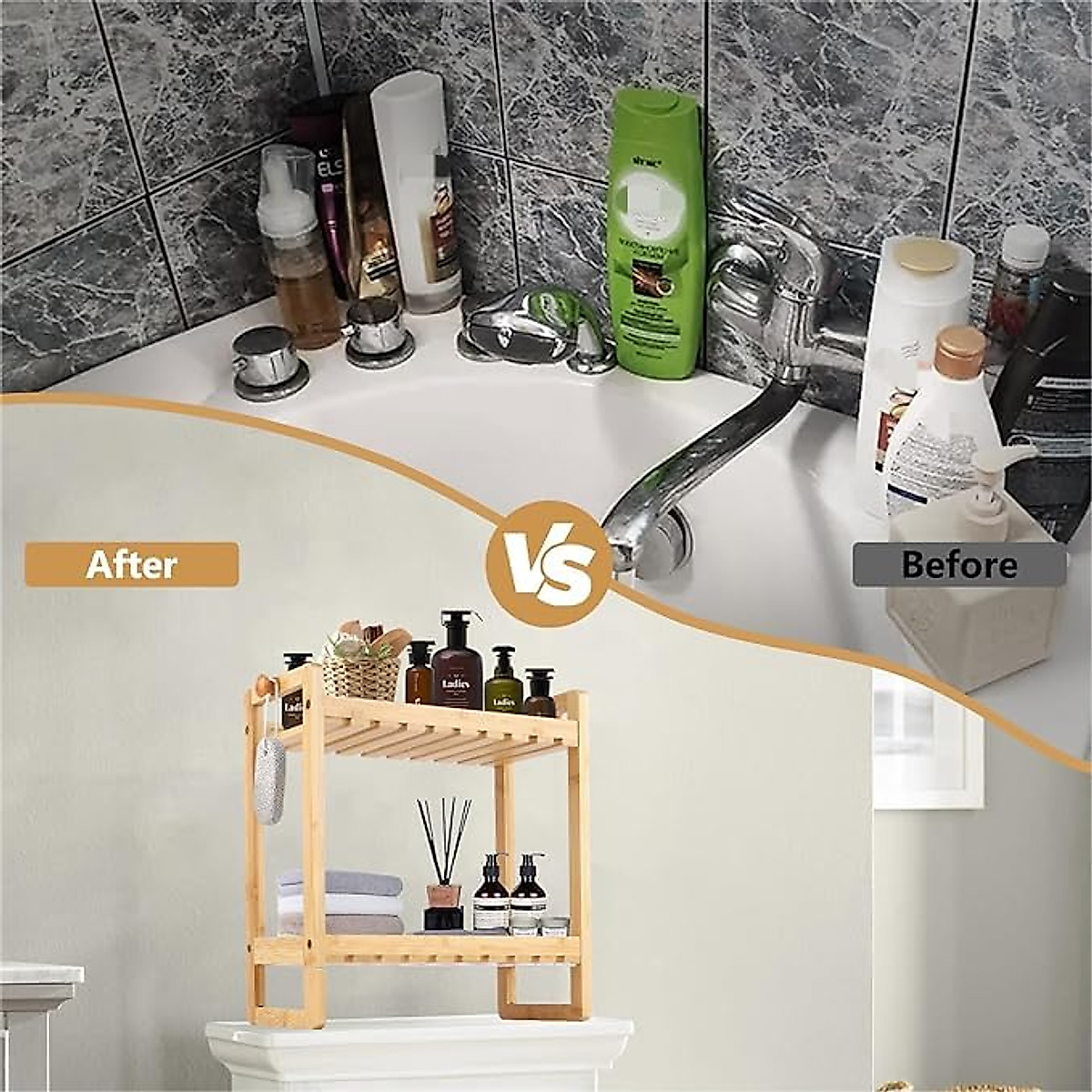 Graceware Over The Toilet Storage Shelf with Adhesive Stickers, Easy Install 2-Tier Bathroom Toilet Shelf Rack Organizer, Bamboo Small Bathroom Above Toilet Storage Rack for Space Saver