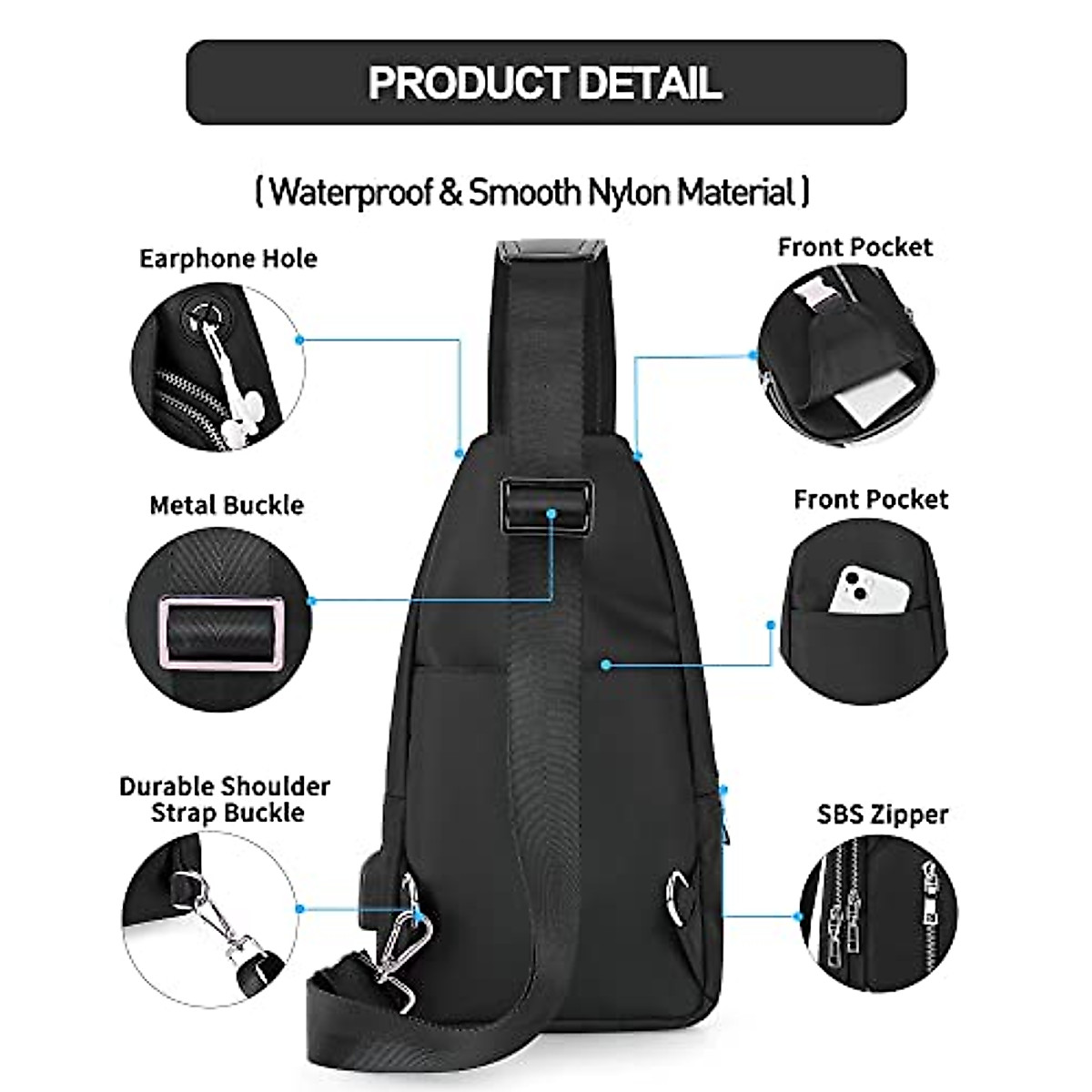 SEAFEW Small Black Tactical Sling Bag Crossbody Backpack Shoulder Bag for Men Women, Daypack Anti-Theft Cross Body Motorcycle Chest Bags, One Strap Backpack for Walking Biking Travel Cycling