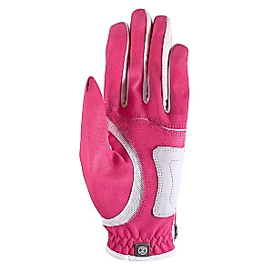 Zero Friction Ladies Compression-Fit Synthetic Golf Glove (2 Pack with free pack of tees), Universal Fit One Size, White/Pink