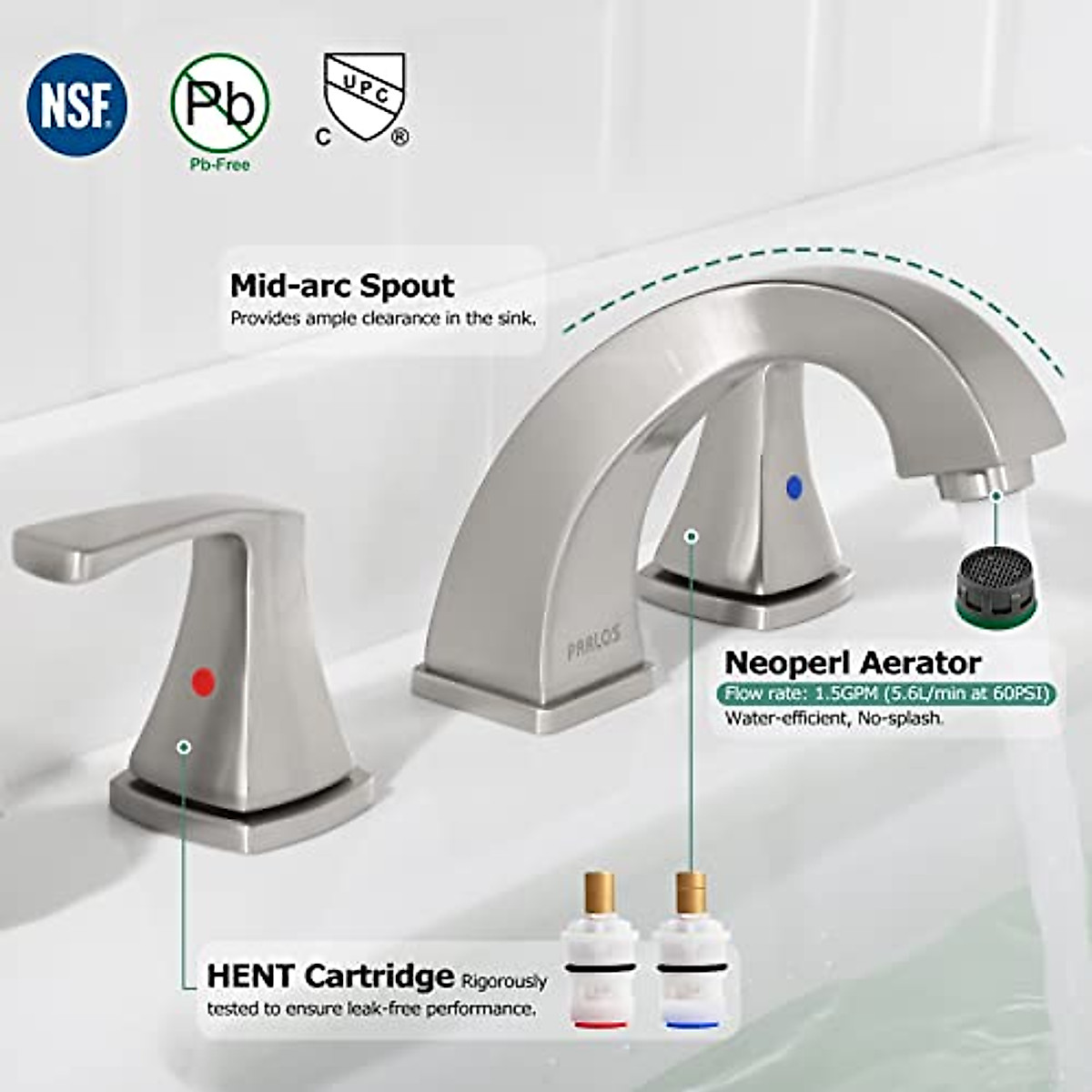 PARLOS Widespread Double Handles Bathroom Faucet with Pop Up Drain and cUPC Faucet Supply Lines, Brushed Nickel, Doris 14172