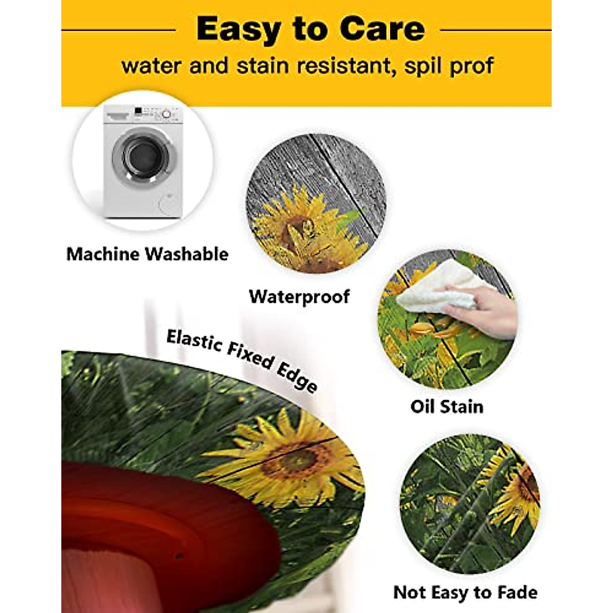 Big buy store Elastic Edged Waterproof Tablecloth Round Sunflower Plant Garden Reusable Wipeable Table Cover Wooden Plank Washable Oil-Proof Fitted Table Cover up up to 55"- 60" Round Tables