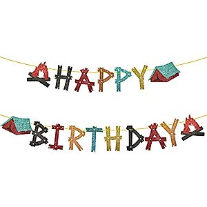 Camping Happy Birthday Banner, Glittery Camping Birthday Banner, Camping Birthday Party Decorations, Boys GirlS Camping Birthday Party Supplies Indoor Outdoor Home Yard Campsite Birthday Decor