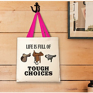 Horse Gifts For Women Life Is Full Of Tough Choices Horse Saddles Pink Handle Small Canvas Tote Bag