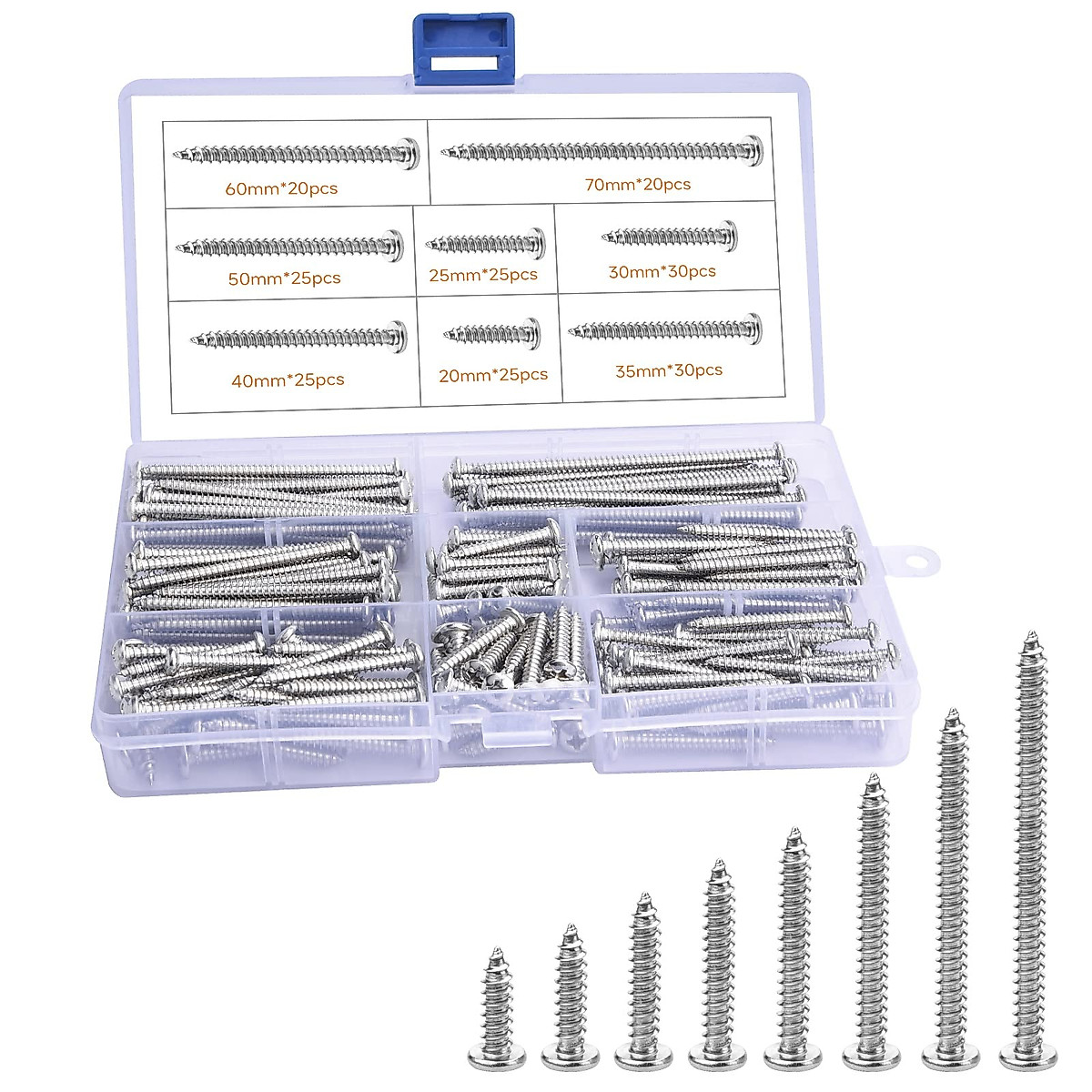 Self Tapping Screws, Preciva 304 Stainless Steel 200 PCS, 8 Sizes Round Head Phillips Drive Self Drilling Screw Assortment Kit for Metal Wood Furniture Electronic Products