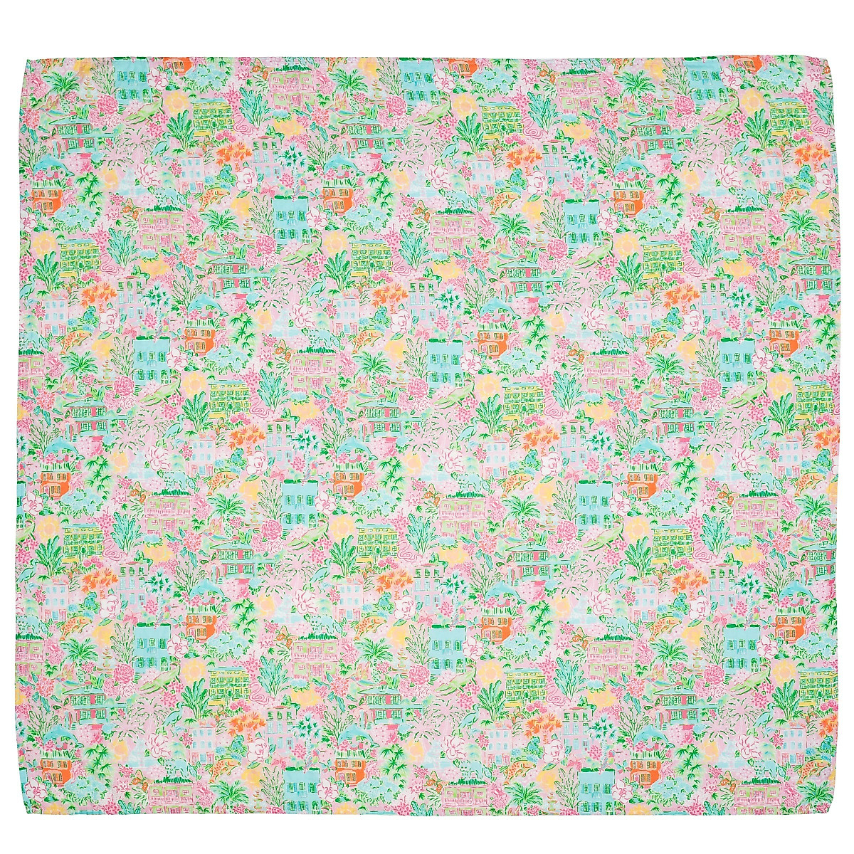 TWIG & BALE Colorful Pink Baby Blanket - 47" x 43" - Organic Cotton Muslin - Southern Preppy Charleston with Row Houses, Dolphin, Alligator, Birds, Floral Print Girl Baby Swaddle Blanket