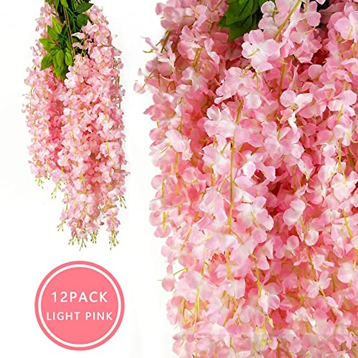GOOCHOO 12 Pack 3.6 Feet Artificial Fake Wisteria Vine Ratta Hanging Garland Silk Flowers String Party Home Wedding Decor, (Light Pink)