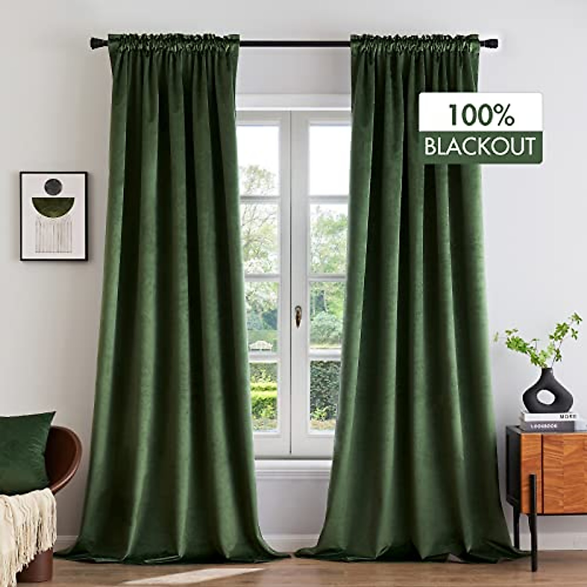 MIULEE Olive Green Velvet Curtains 84 inch Long and 100% Blackout Velvet Curtains