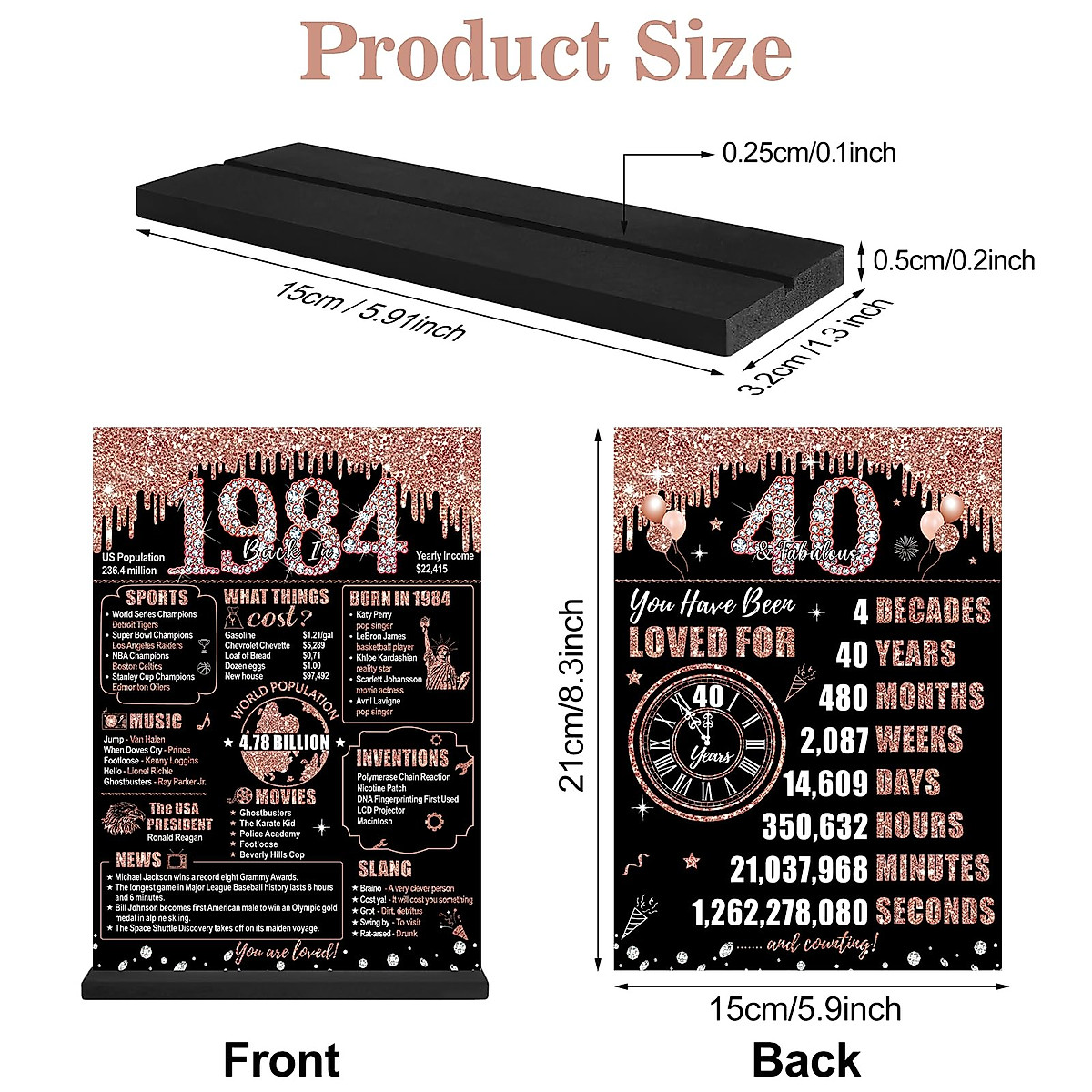 Zirtorei 40th Birthday Decorations Back in 1984 Table Sign for Women, Rose Gold Two-Sides 40 & Fabulous Wooden Poster with Stand Party Supplies, Forty Years Old Bday Display Holder Table Decor